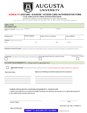 Fillable Online www.augusta.eduhruniversityJAGCARD / ID BADGE / ACCESS ...