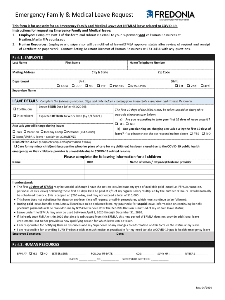Fillable Online Emergency Family & Medical Leave Request - SUNY ...