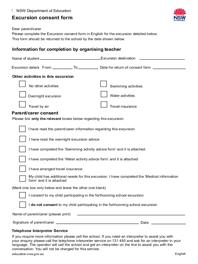 Fillable Online Excursion consent form. Form for completion by parent ...