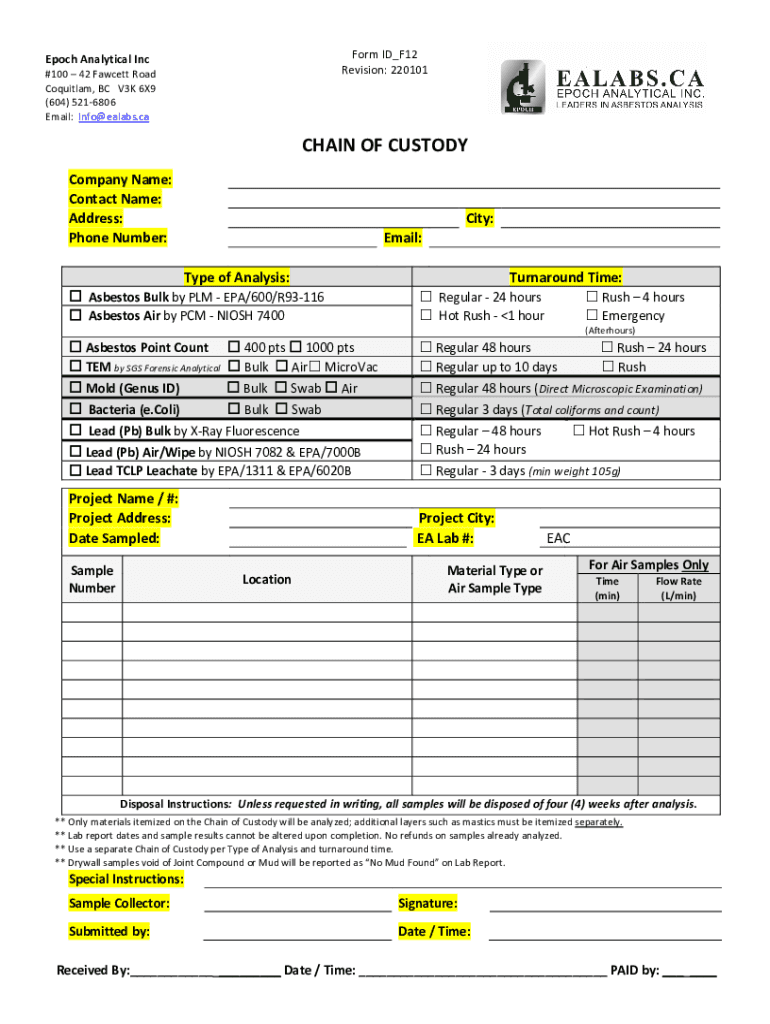 Fillable Online Fillable Online CHAIN OF CUSTODY - Epoch Analytical Inc ...