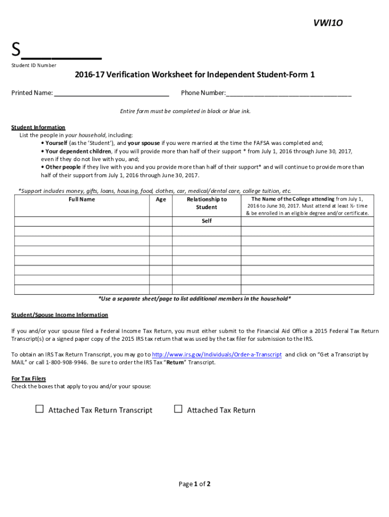 Fillable Online 2015-2016 Verification Worksheet for Independent Student ... Fax Email Print ...