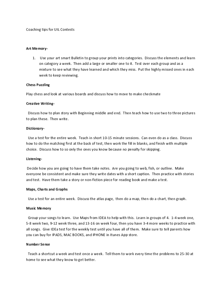 Fillable Online Coaching tips for UIL Contests Art Memory- 1. Use your ...