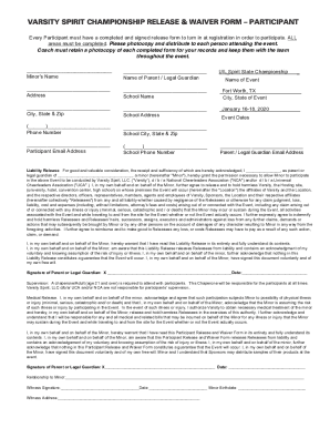 Fillable Online VARSITY SPIRIT CHAMPIONSHIP RELEASE & WAIVER FORM ...