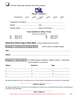 Fillable Online State Selection Form - Prose - 2017 - UIL Fax Email ...