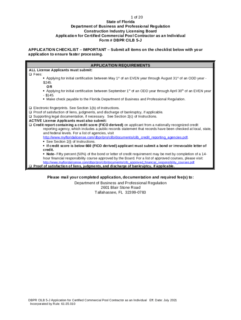 DBPR CILB 5-J - Certified Contractor as an Individual (Commercial Pool ...