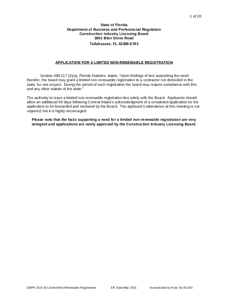 DBPR CILB 20 - Limited Non-Renewable Registration Doc Template | pdfFiller