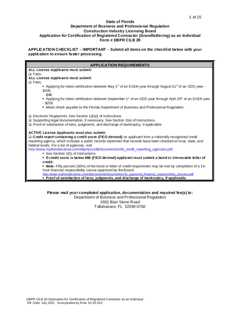 DBPR CILB 29 - Certification of Registered Contractor (Grandfathering ...