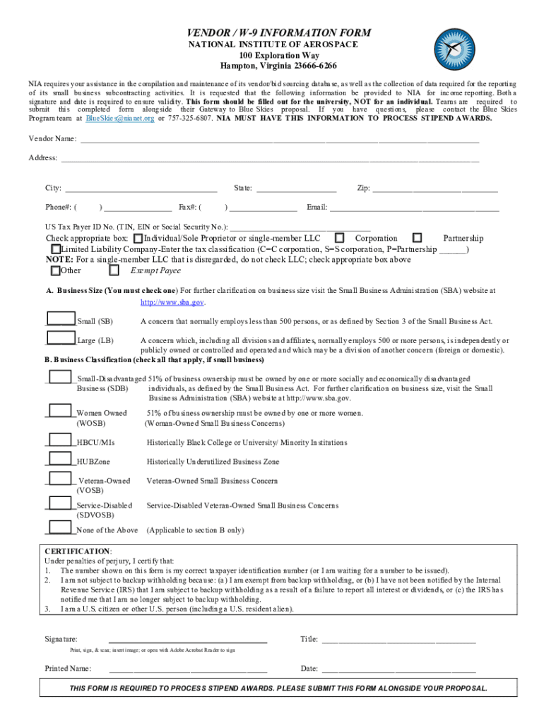 Fillable Online PDF VENDOR / W-9 INFORMATION FORM - National Institute ...