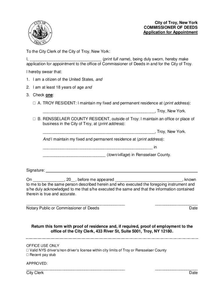 Fillable Online City of Troy, New York COMMISSIONER OF DEEDS ...