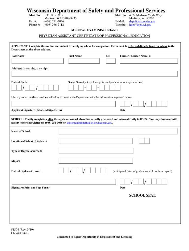 Fillable Online dsps wi #1504, Physician Assistant Certificate of ...