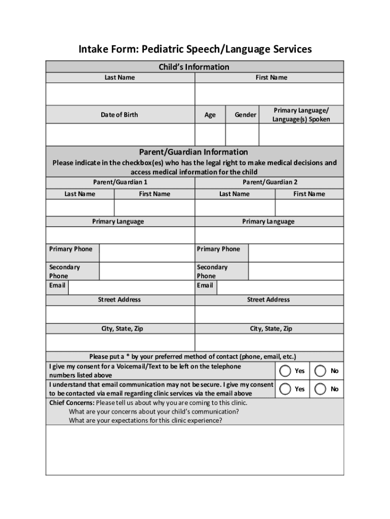 Fillable Online csh depaul Intake Form: Pediatric Speech/Language ...