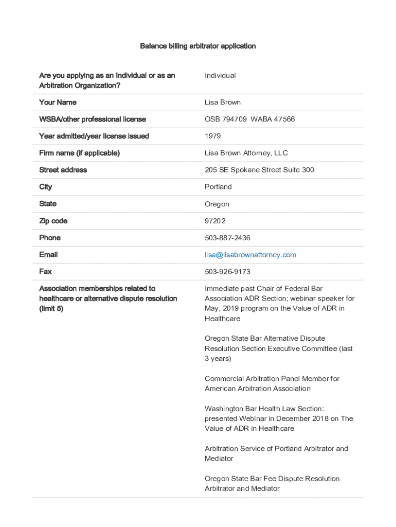 Fillable Online Balance billing arbitrator application of Lisa Brown ...