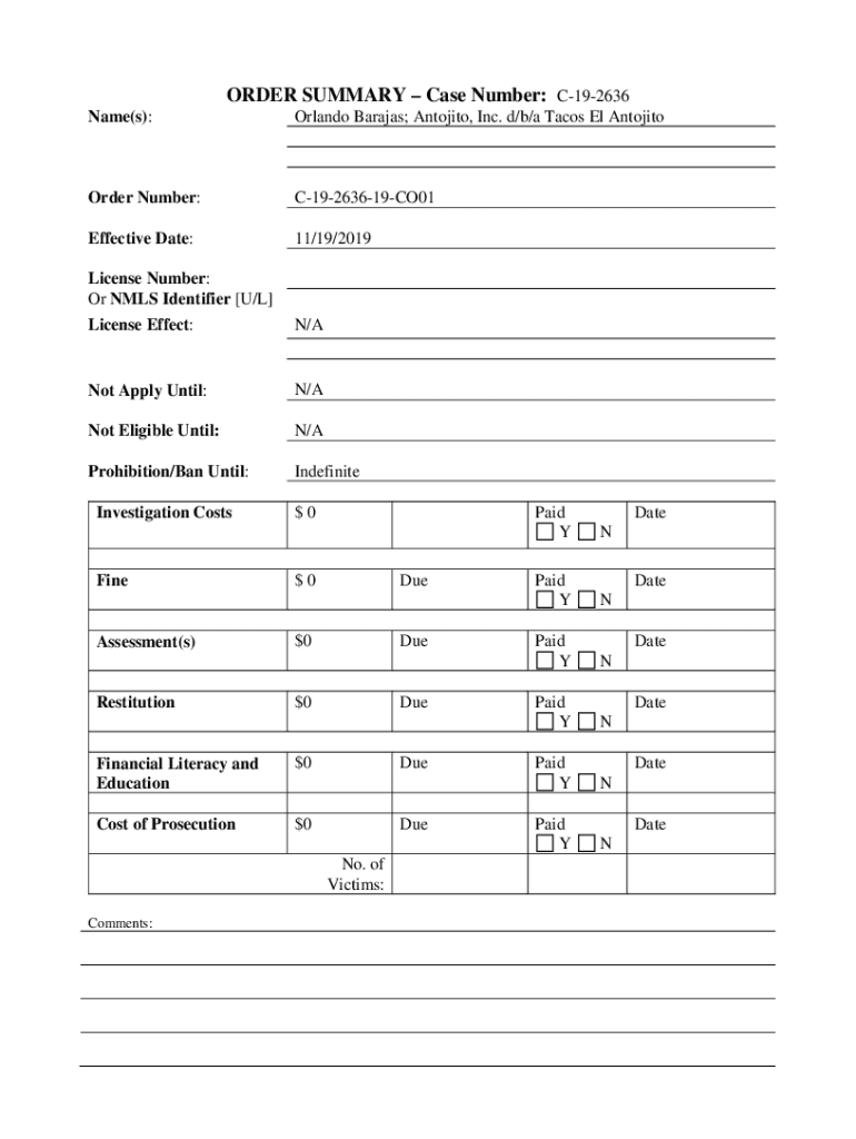 Fillable Online dfi wa ORDER SUMMARY Case Number: C-19-2636 Fax Email ...