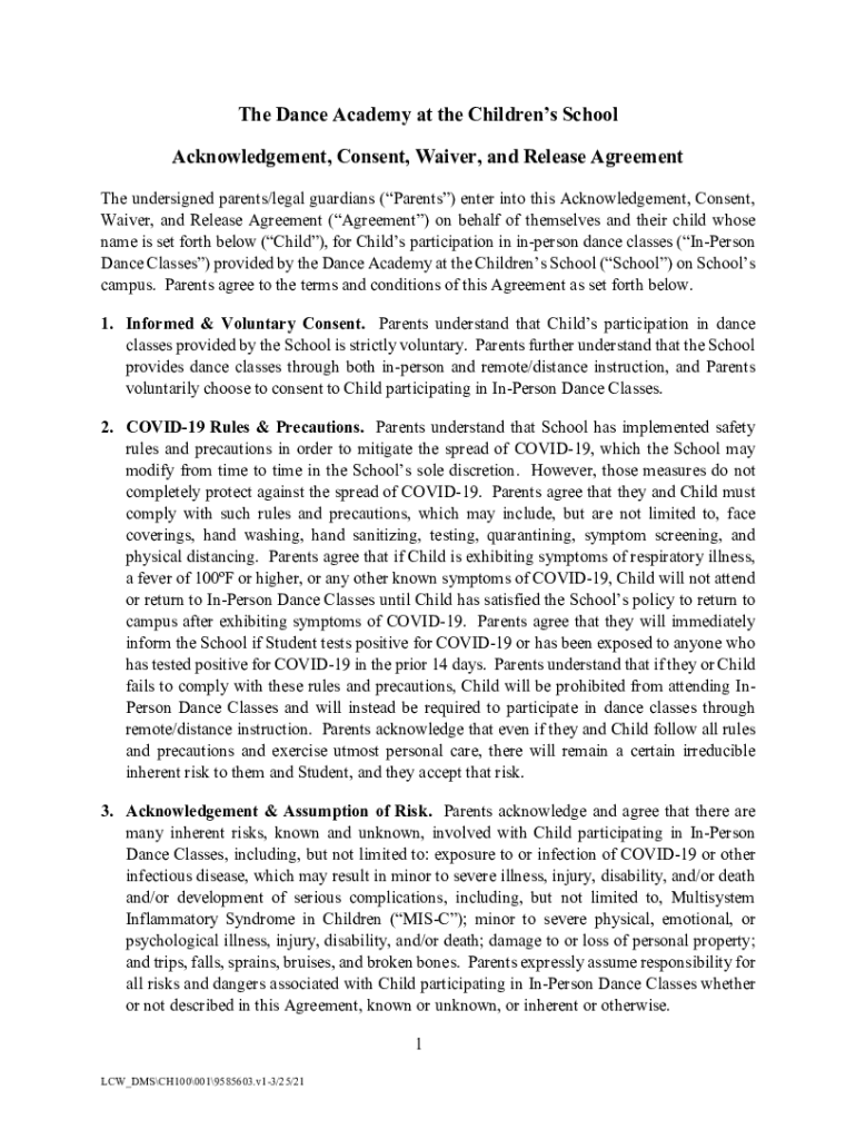 Fillable Online Dance Academy - Liability Waiver and Assumption of Risk ...