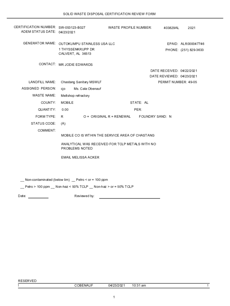 Fillable Online SOLID WASTE DISPOSAL CERTIFICATION REVIEW FORM SW ...