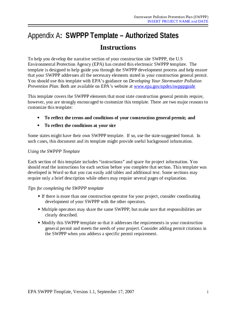 Appendix A : SWPPP Template Authorized States Doc Template | pdfFiller