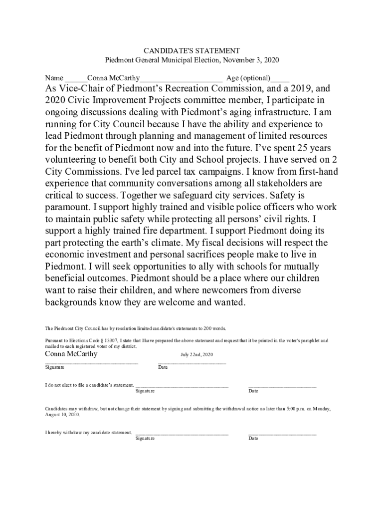 Fillable Online CANDIDATE'S STATEMENT Piedmont General Municipal ...