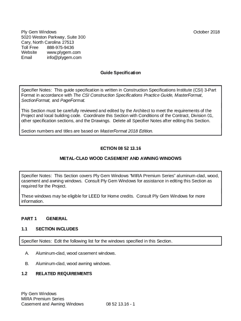 MIRA Premium Series Casement and Awning Windows. Guide Specification Doc Template | pdfFiller