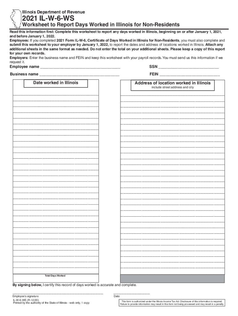 Fillable Online www2 illinois 2020 IL-W-6-WS - Worksheet To Report Days ...