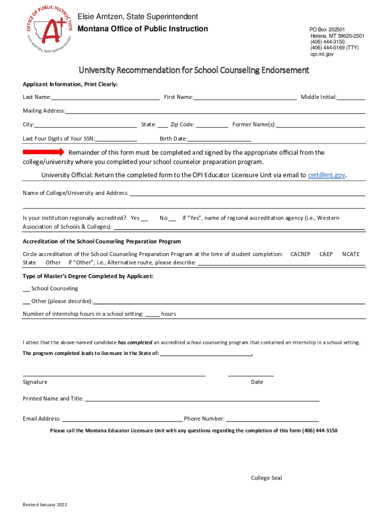 Fillable Online opi mt University Recommendation for School Counseling ...