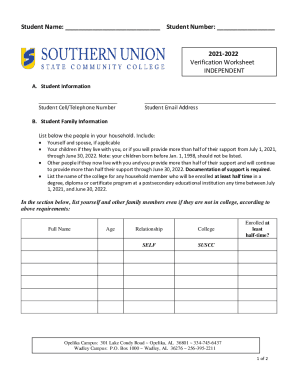 Fillable Online 2021-2022 Verification Worksheets Independent Student Fax Email Print - pdfFiller