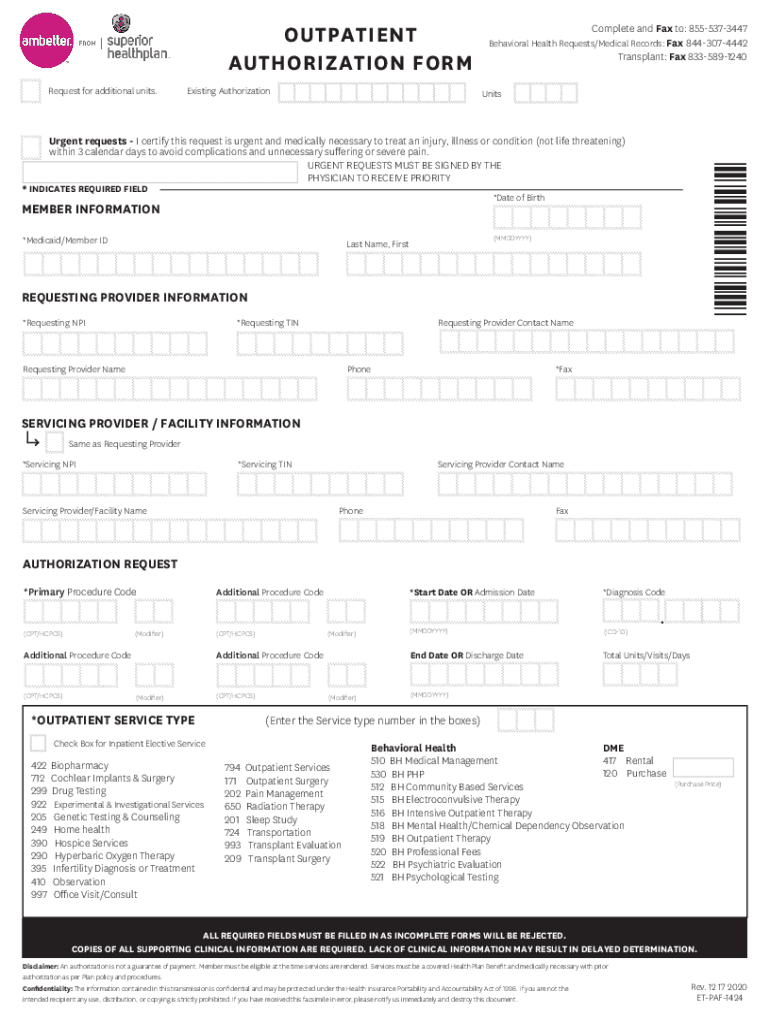 Fillable Online ET-PAF-1424-Outpatient Authorization Form. Outpatient ...