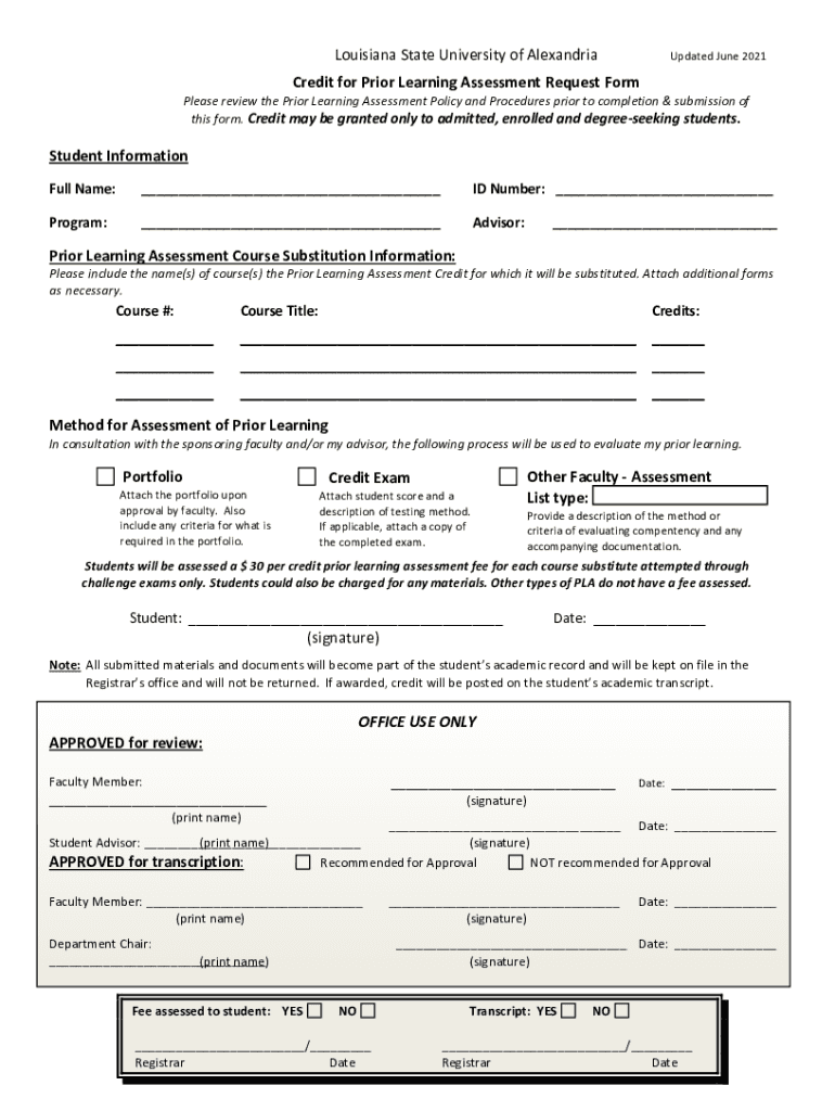 Fillable Online www.lsu.eduprior-learning-assessmentPrior Learning ...