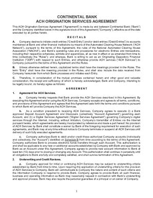 Fillable Online Continental Bank ACH Origination Services Agreement ...