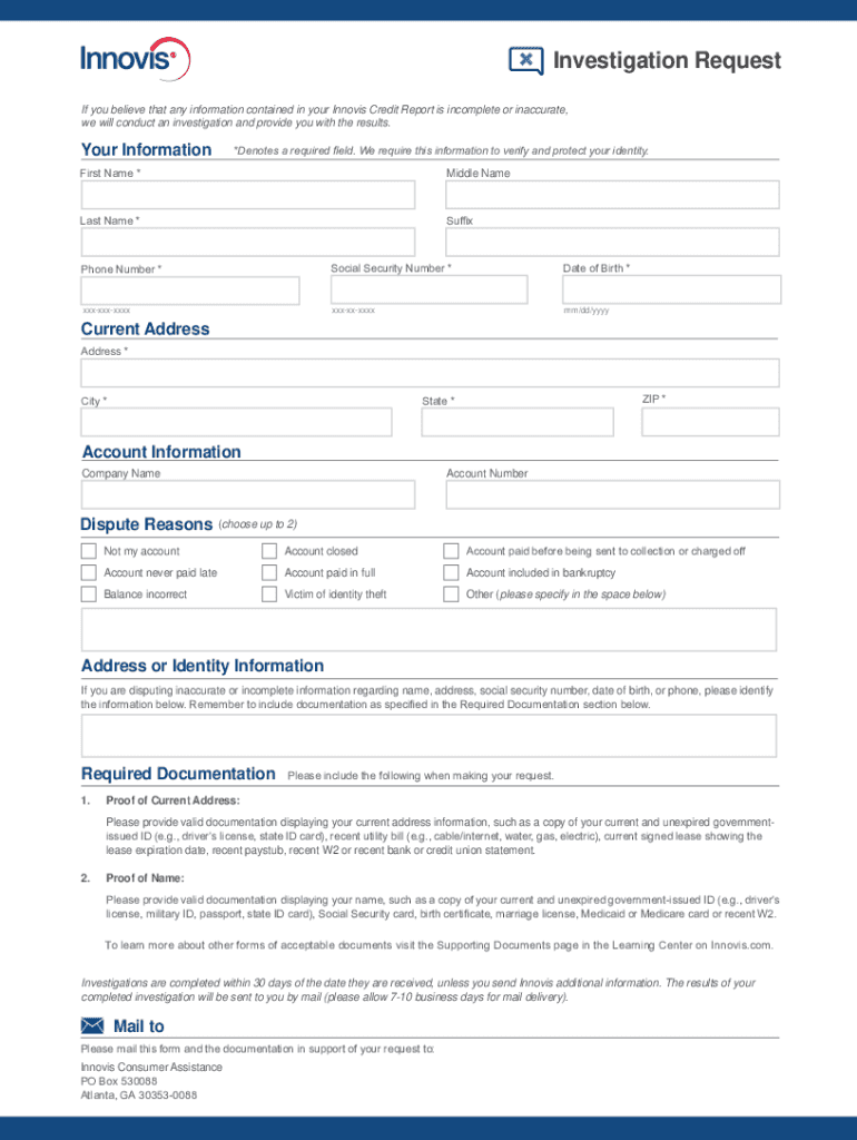 Fillable Online Innovis Investigation Request Form Fax Email Print ...