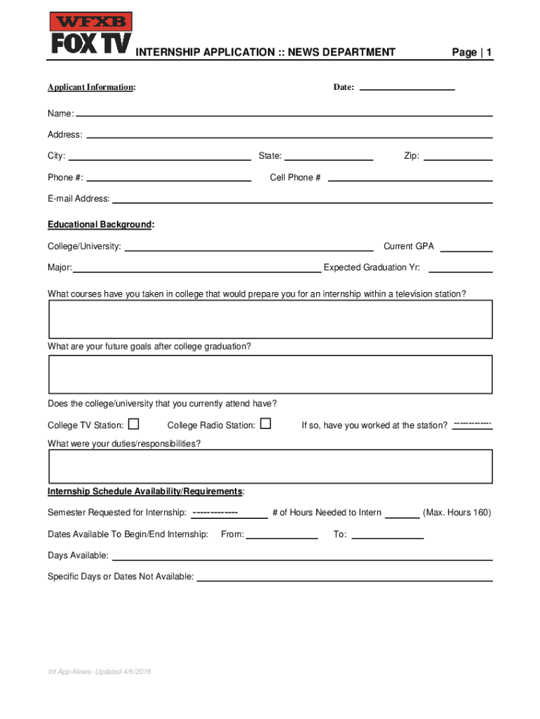 Fillable Online Intern Application Form - WFXB Fax Email Print - pdfFiller