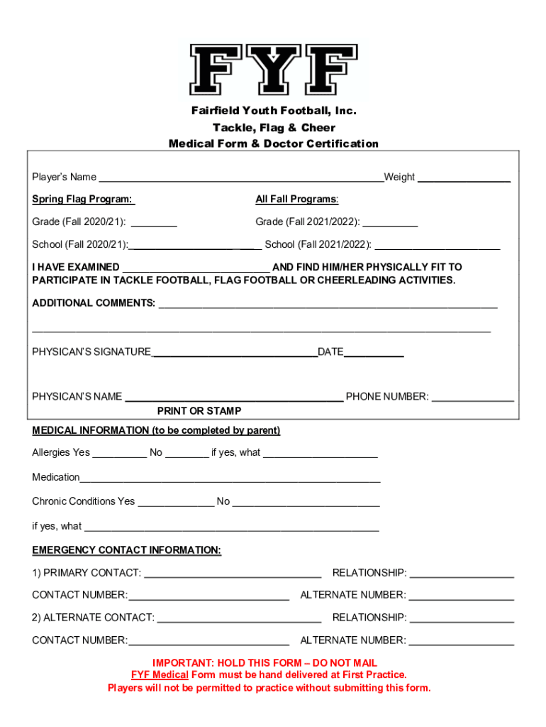 Fillable Online Fairfield Youth Football, Inc. Tackle, Flag & Cheer ...