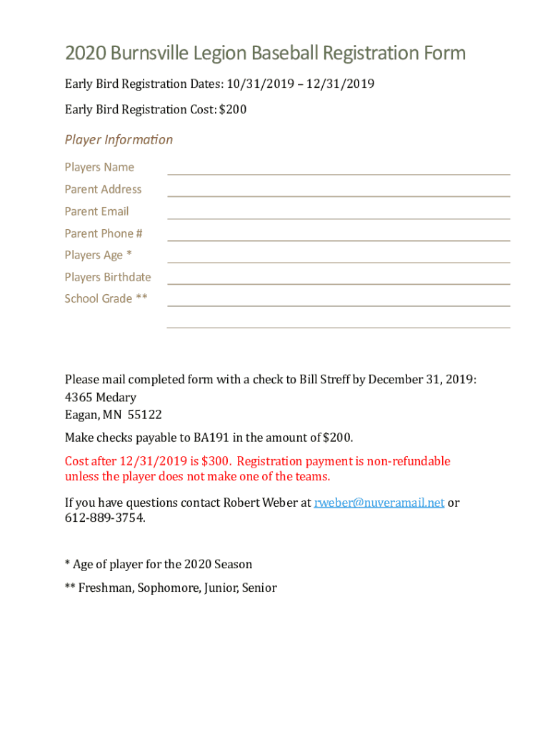 Fillable Online 2020 Burnsville Legion Baseball Registration Form Fax Email Print - pdfFiller
