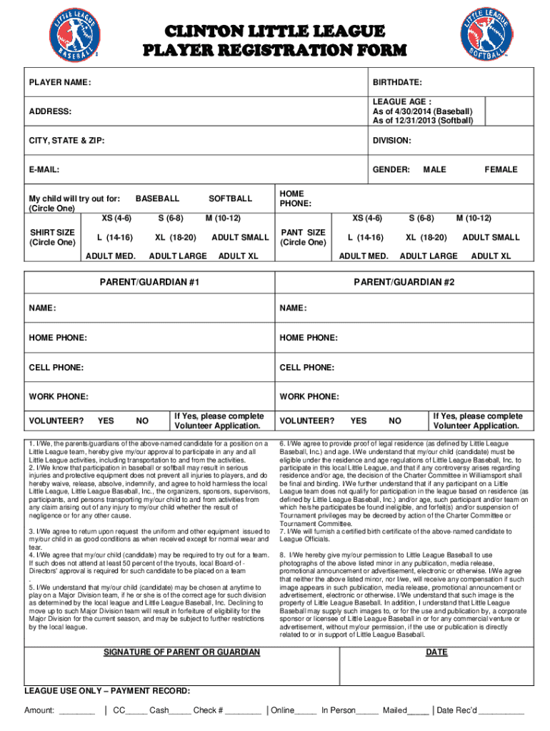 Fillable Online clinton little league player registration form Fax Email Print - pdfFiller
