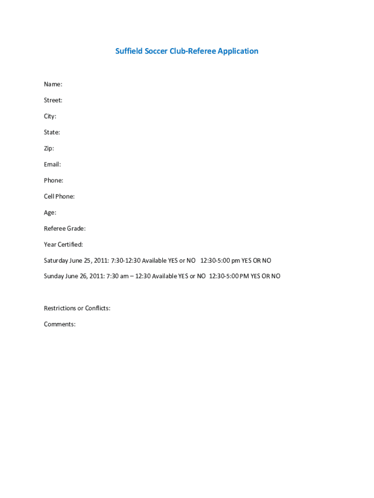 Fillable Online Suffield Soccer Club-Referee Application Fax Email ...