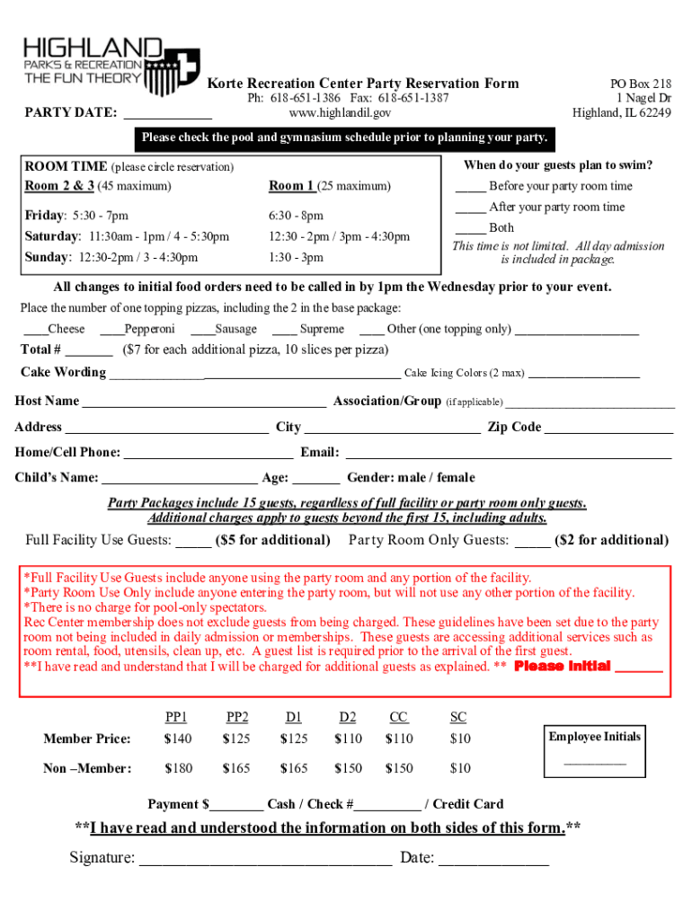 Fillable Online Korte Recreation Center Party Reservation Form 651 When ...