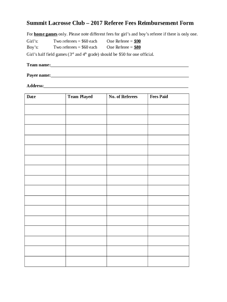 Belsouth Football Club 2017 Referee Reimbursement Claim Doc Template ...