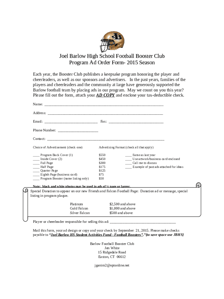 Joel Barlow High School Football Booster Club. Program Ad Doc Template ...