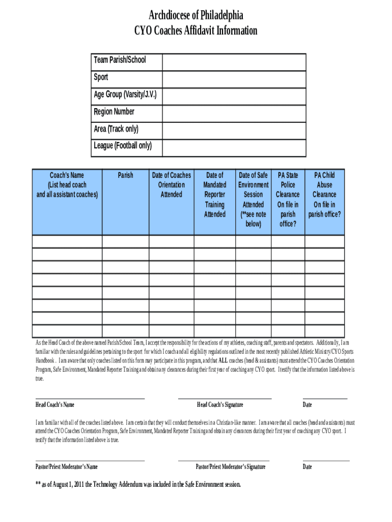 CYO Coaches Affidavit Ination Doc TemplatepdfFiller Doc Template ...