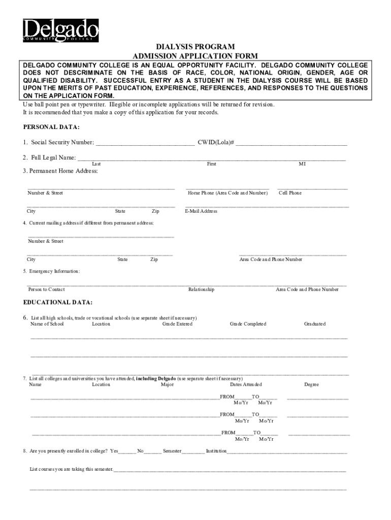 Fillable Online www.dcc.edudialysis-tech-applicationDIALYSIS PROGRAM ADMISSION APPLICATION FORM ...