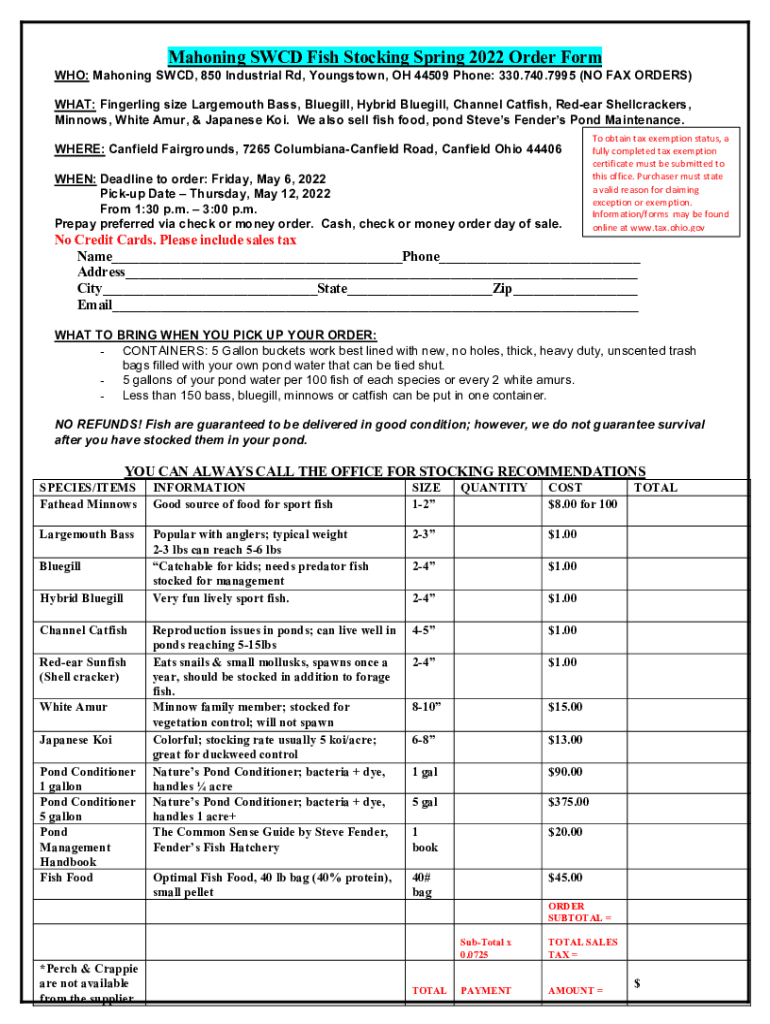 Fillable Online Mahoning SWCD Fish Stocking Spring 2022 Order Form Fax ...