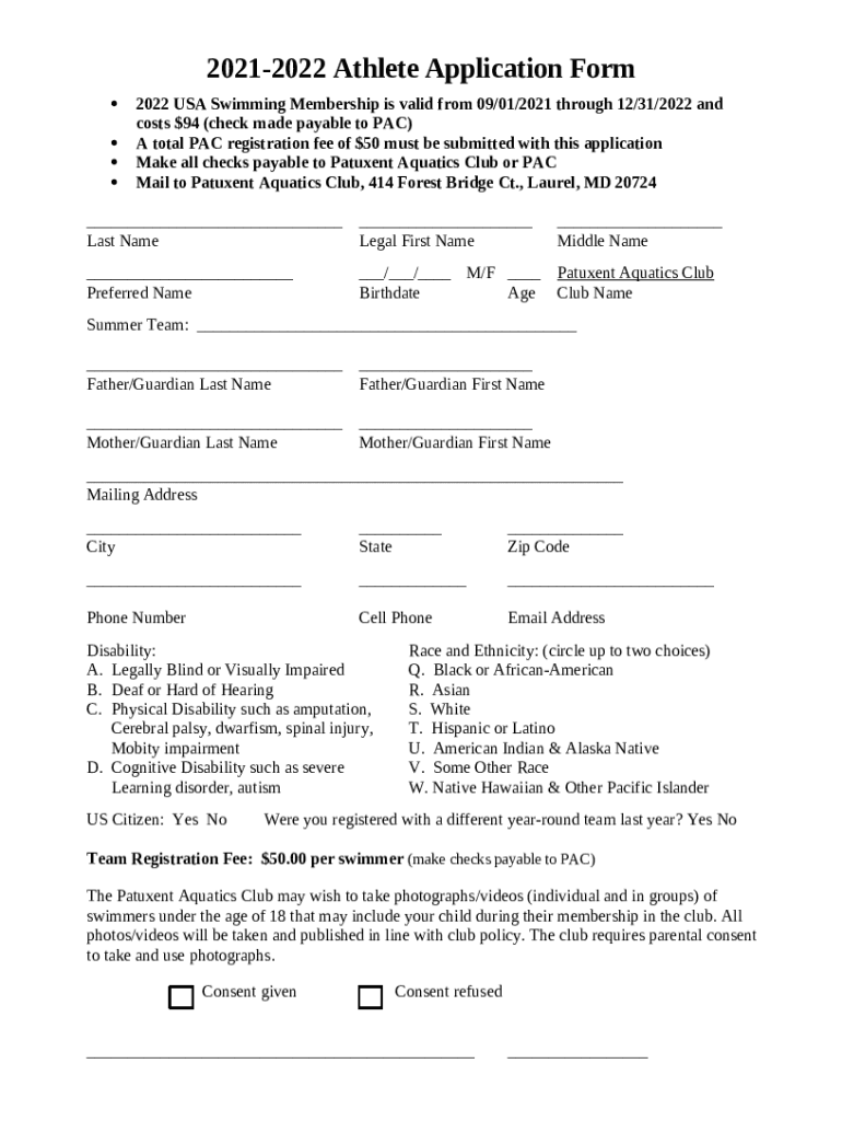 2022 GENERAL ATHLETE REGISTRATION APPLICATION LSC: MIDDLE ... Doc Template | pdfFiller