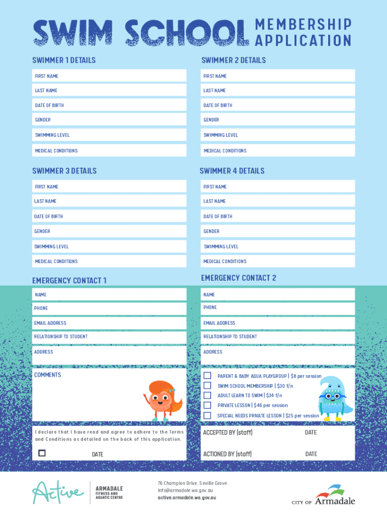 Fillable Online Swim School Membership Application Form Fax Email Print ...