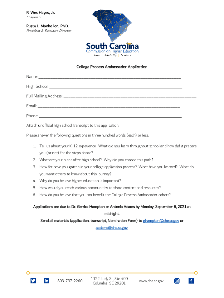 Fillable Online College Process Ambassador Application Name: High ...