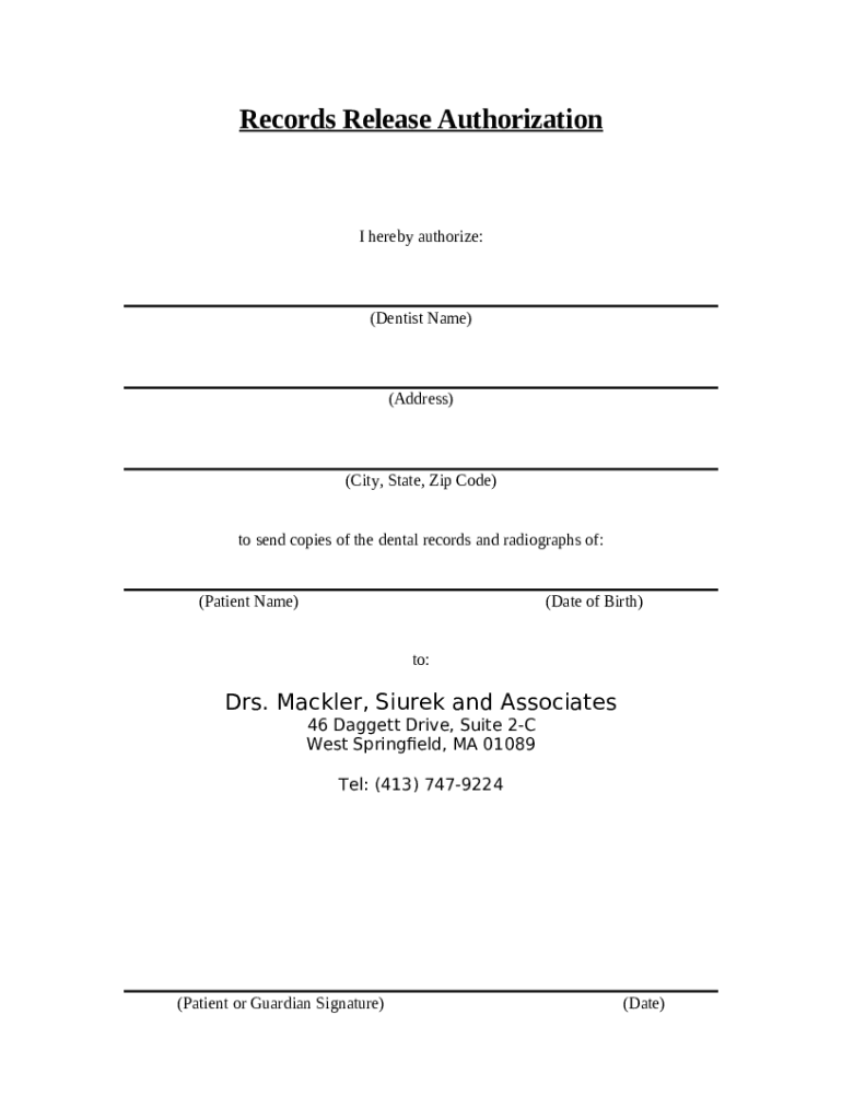 authorization for release of dental ination Doc Template | pdfFiller