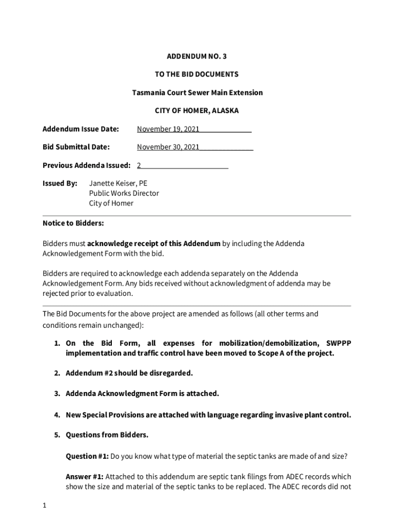 Fillable Online ADDENDUM NO. 3 TO THE BID DOCUMENTS Tasmania Court ...