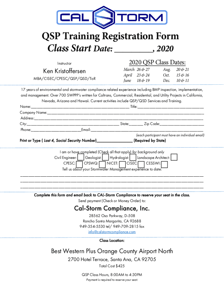 Fillable Online QSP Training Registration Form Class Start Date: Fax ...
