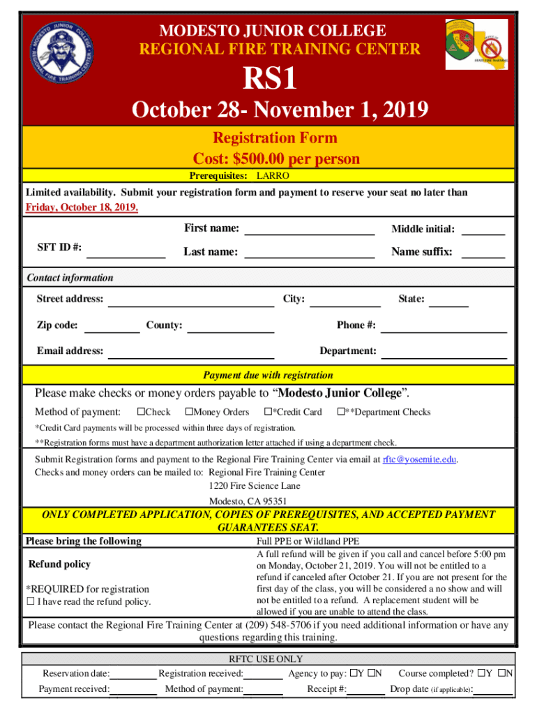 MJC Regional Fire Training Center RS1 Registration Form 2019-2022 ...