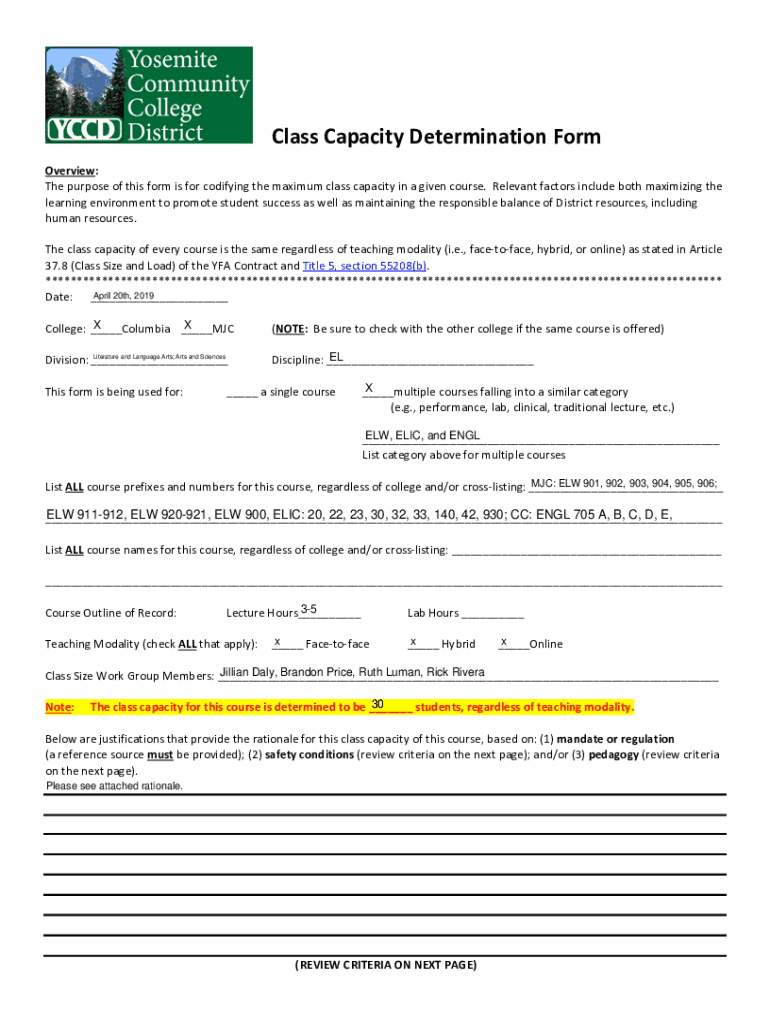 Fillable Online Class Capacity Determination Form Fax Email Print ...
