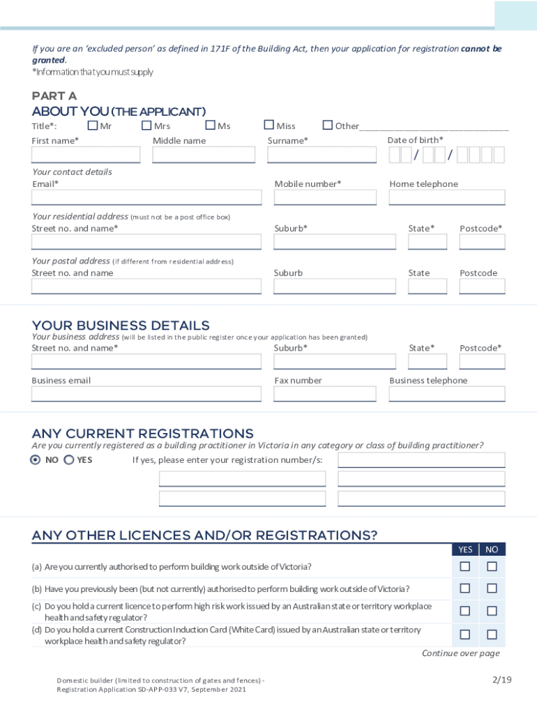 Fillable Online Registration Application Form - Domestic Builder ...