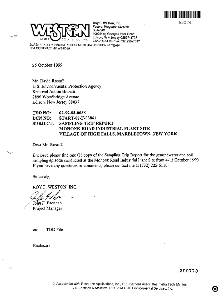 Fillable Online Letter to Mr. David Rosoff, U.S. EPA, Removal Action ...